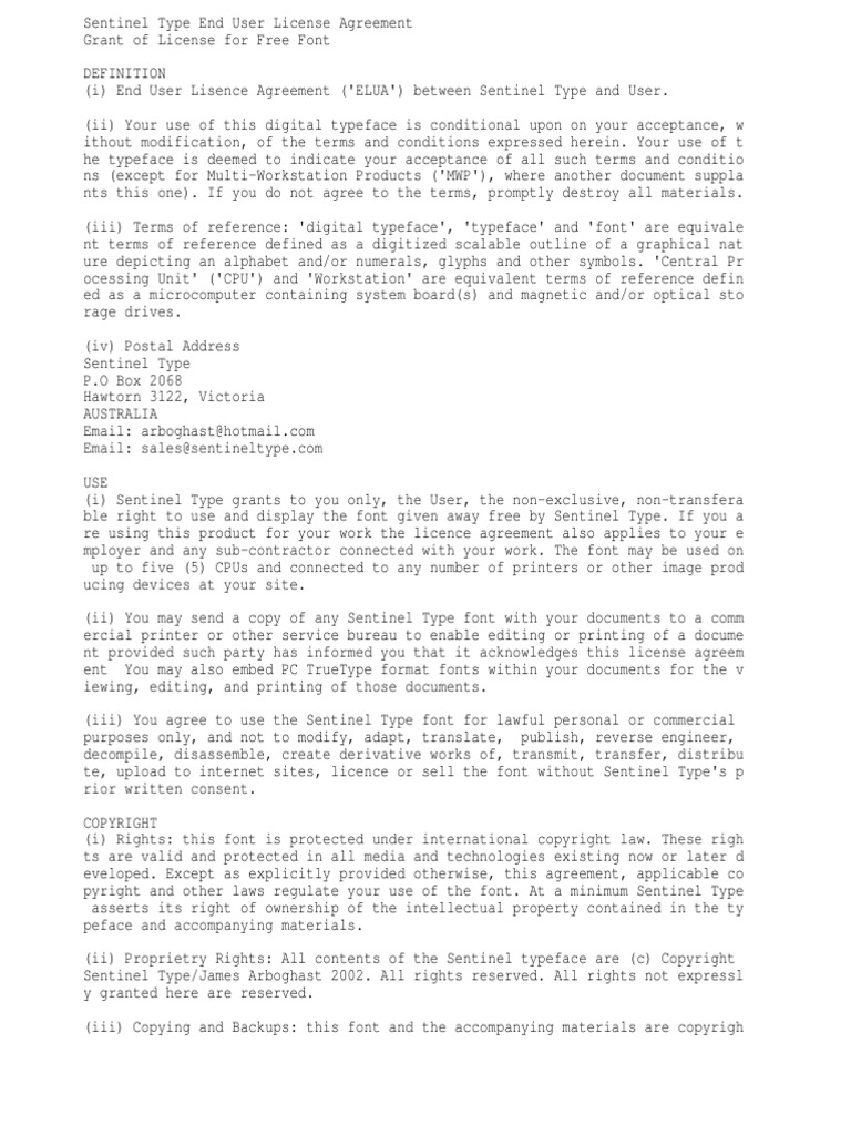 Sentinel Type Freefont EULA | PDF | Typefaces | Copyright