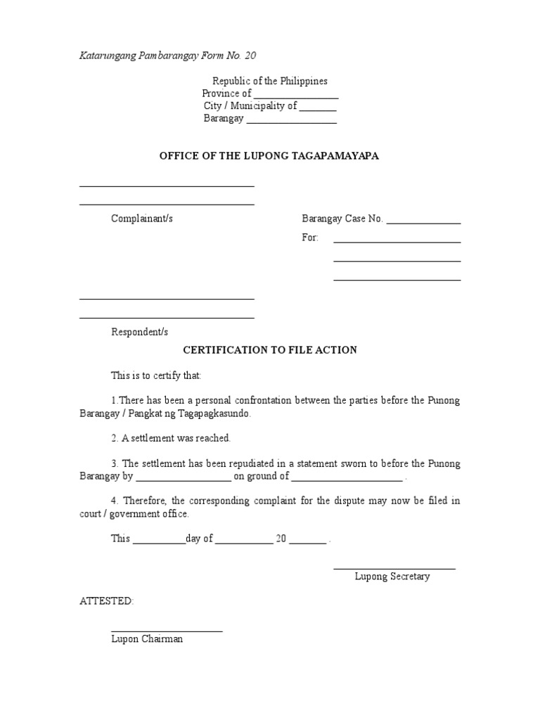Katarungang Pambarangay Form No. 20: Office of The Lupong Tagapamayapa ...