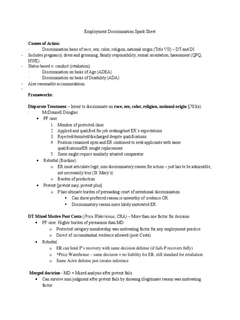 Employment Discrimination Spark Sheet Title VII Claims | PDF ...