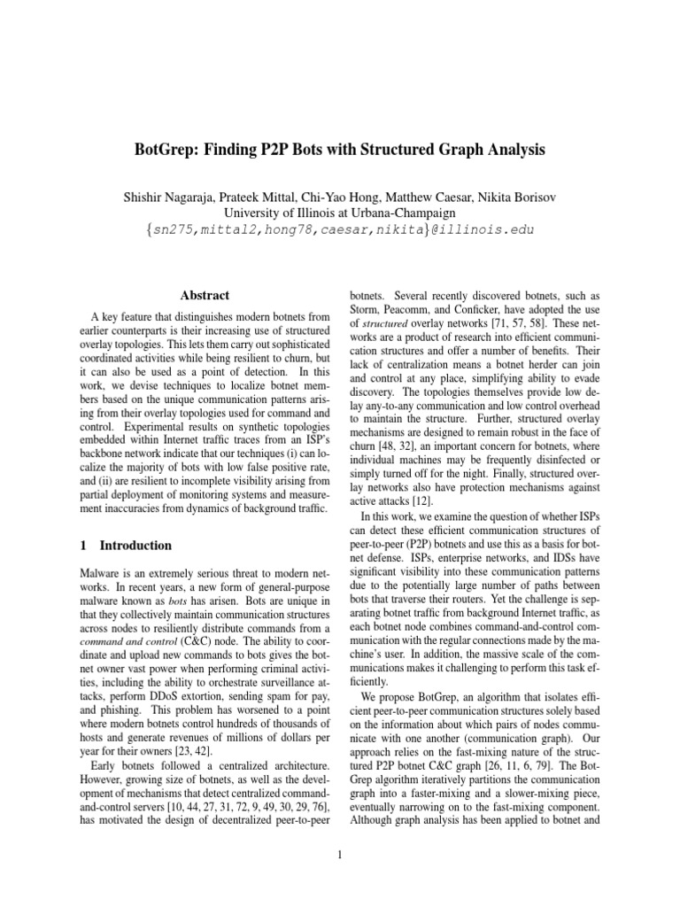 Botgrep: Finding P2P Bots With Structured Graph Analysis | Download Free PDF | Peer To Peer ...