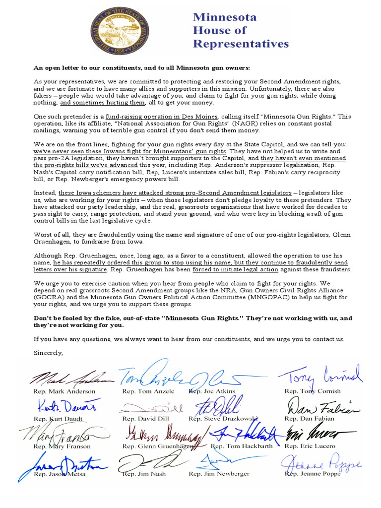 Pro-Second Amendment Legislators' Letter Disavowing Minnesota Gun ...