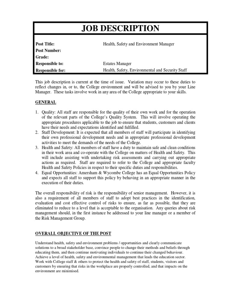 Hse-Environmental Manager Job Description | PDF | Occupational Safety ...