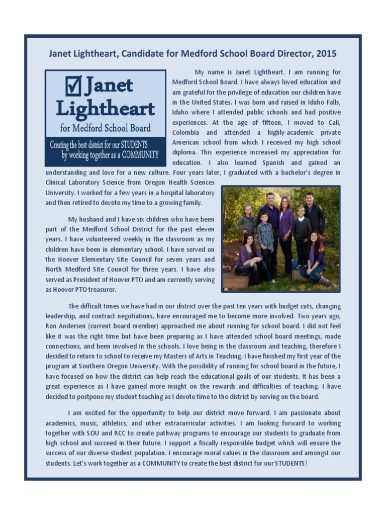 Janet Lightheart, Candidate For Medford School Board Director, 2015 ...