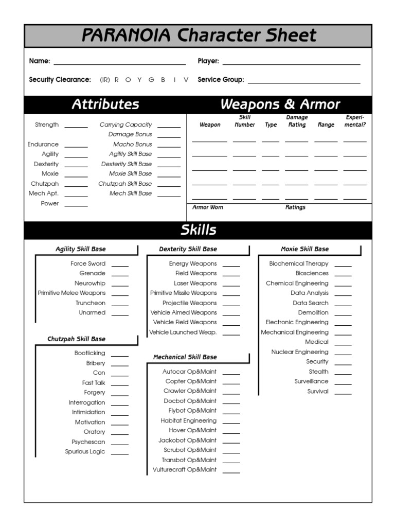 Paranoia 2nd Edition MAN Sector Character Sheet | PDF