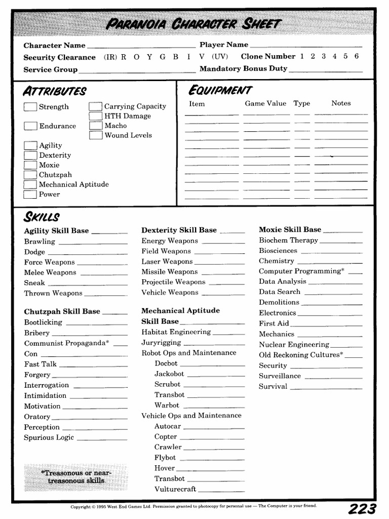 Paranoia 5th Edition Character Sheet | PDF