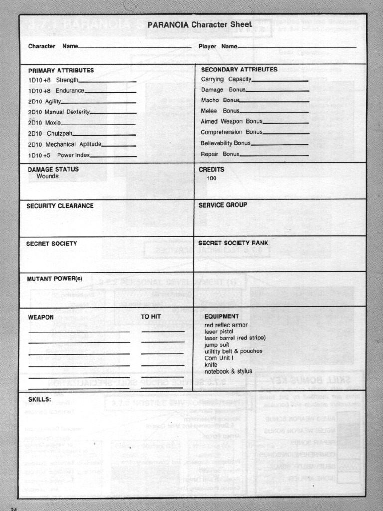 Paranoia 1st Edition Character Sheet | PDF