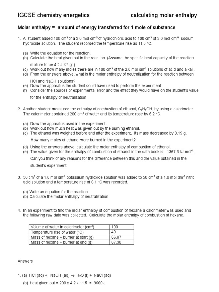 IGCSE Chemistry Energetics Calculating Molar Enthalpy | PDF | Mole ...