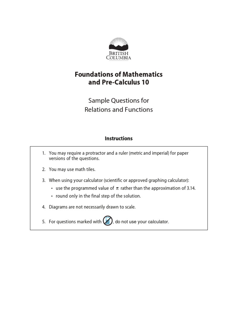 Foundations of Mathematics and Pre-Calculus 10: Sample Questions For ...