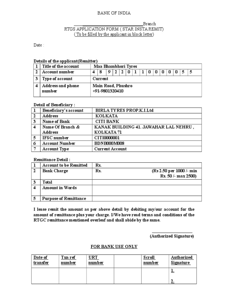 Bank of India RTGS Application Form | PDF