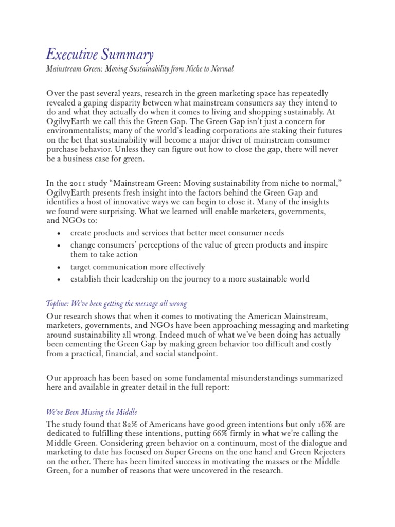 Mainstream Green Exec Summary | PDF | Marketing | Sustainability