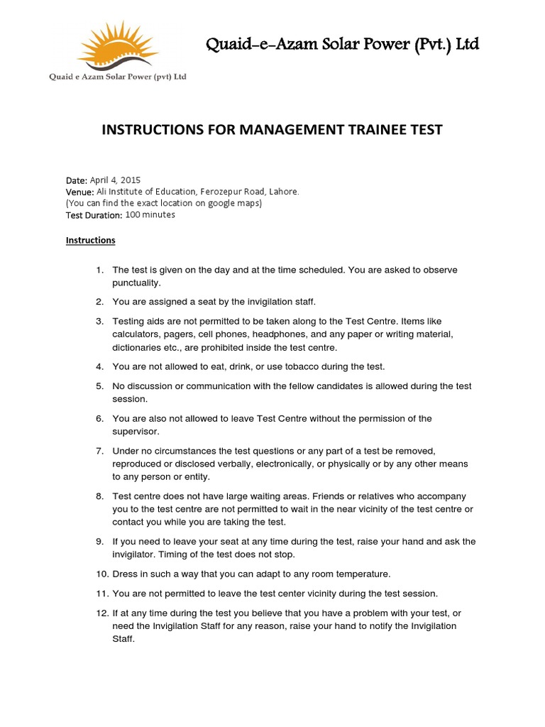 Instructions For Management Trainee Test | PDF