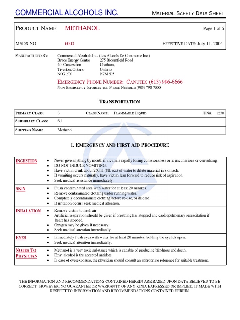 MSDS Methanol | Methanol | Ethanol