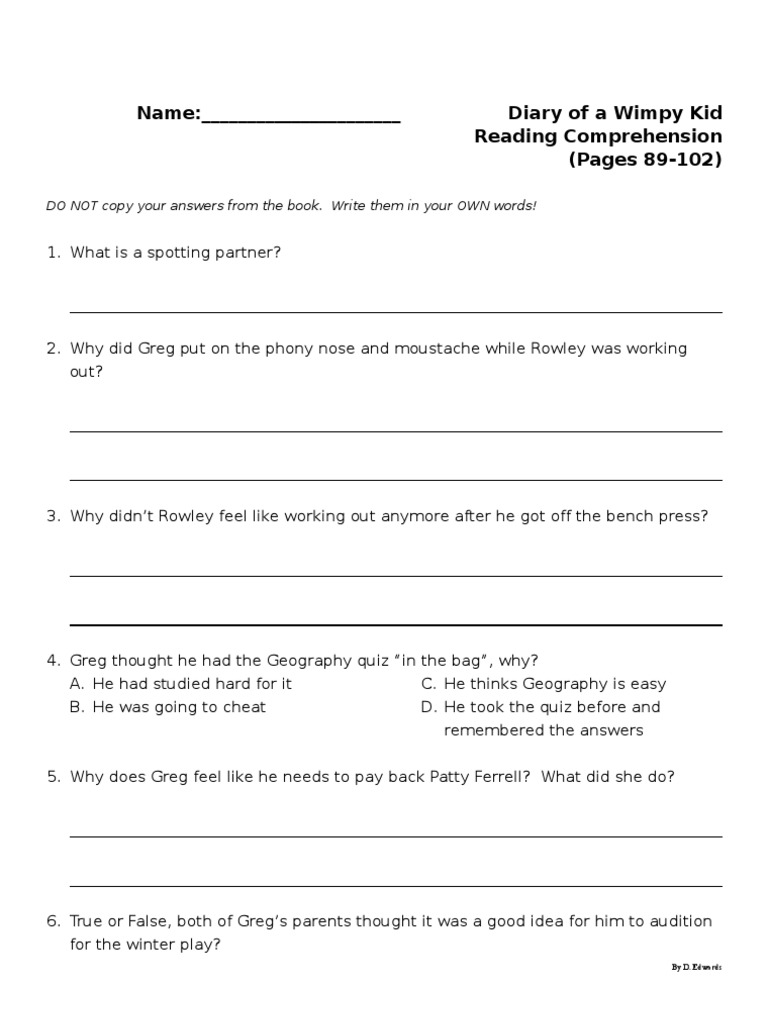 Diary of A Wimpy Kid (Book 1) ReadComp p.89-102 | PDF | Language Arts ...