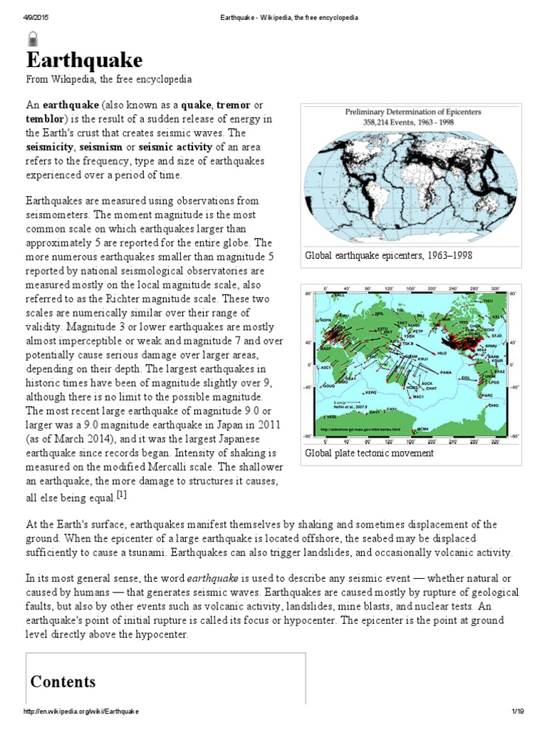 Earthquake: From Wikipedia, The Free Encyclopedia | PDF | Earthquakes ...