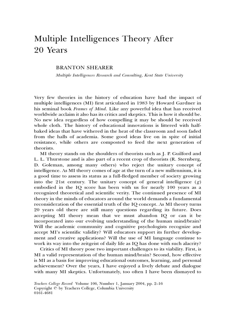 Multiple Intelligences Theory After 20 Years | PDF | Intelligence ...