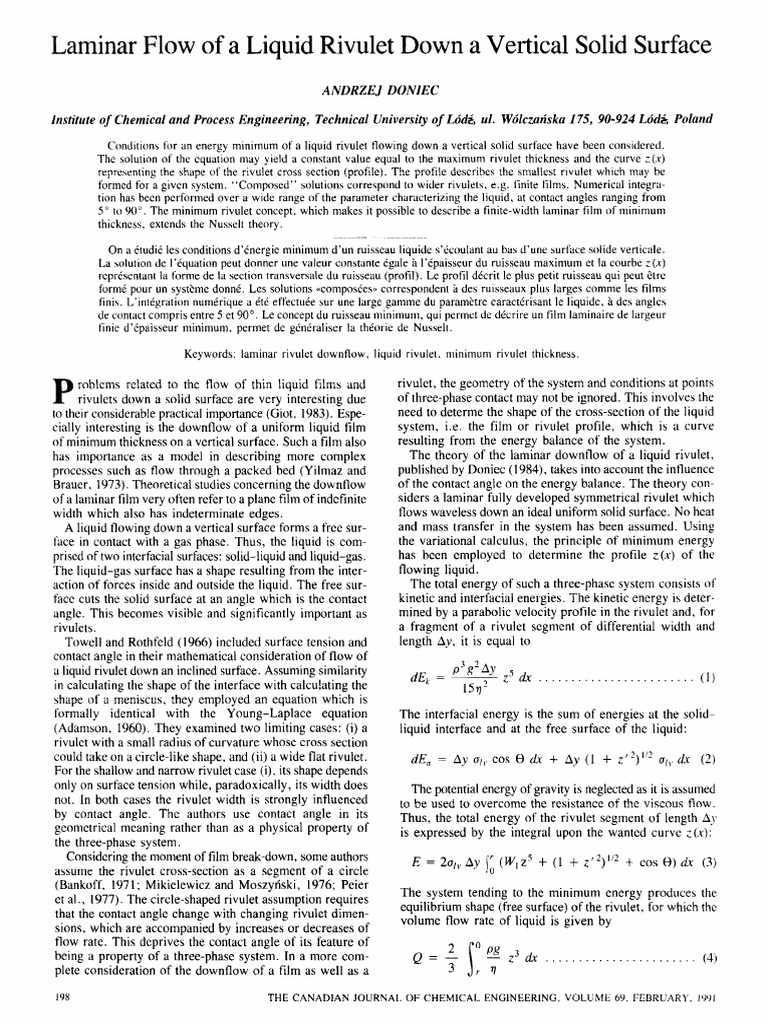 Laminar Flow of A Liquid Rivulet Down A Vertical Solid Surface | PDF ...