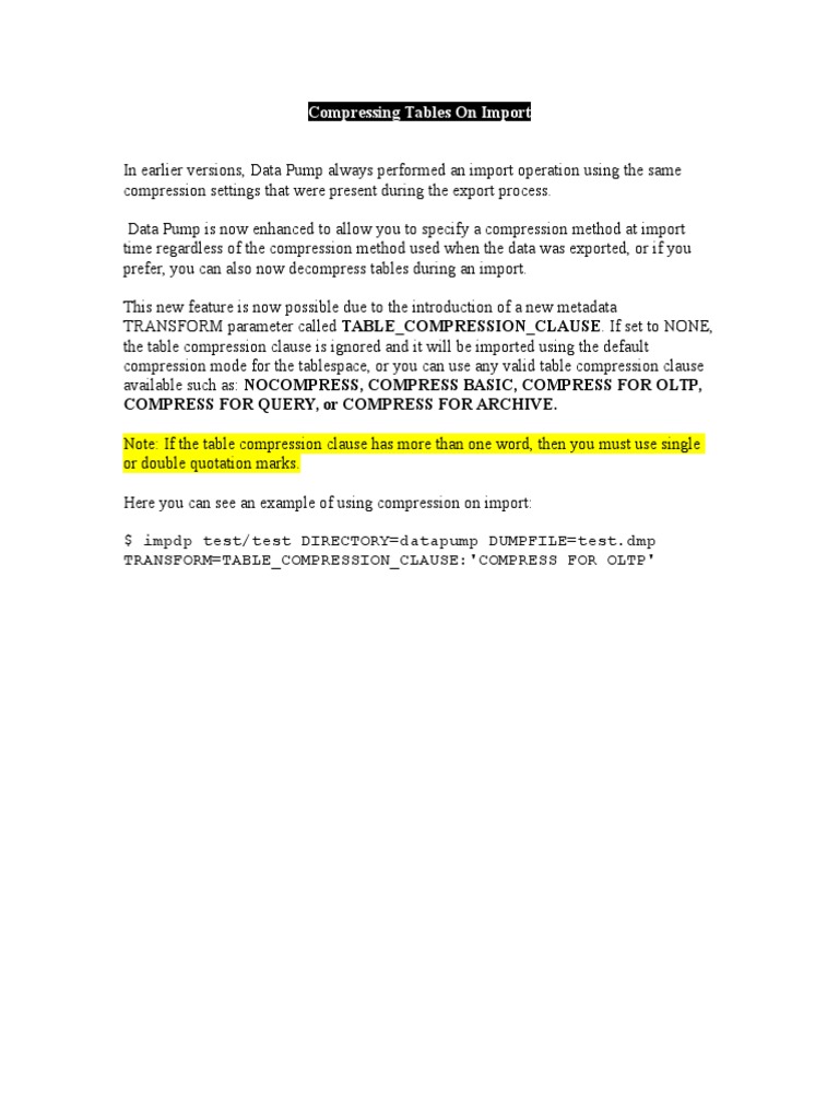 Oracle 12c Compressing Tables On Import | PDF
