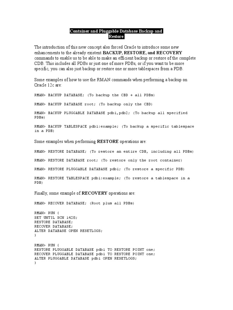 Oracle 12c Container and Pluggable Database Backup and Restore | PDF ...