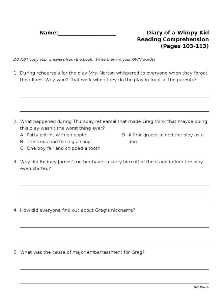 Diary of A Wimpy Kid (Book 1) ReadComp p.103-113 | PDF