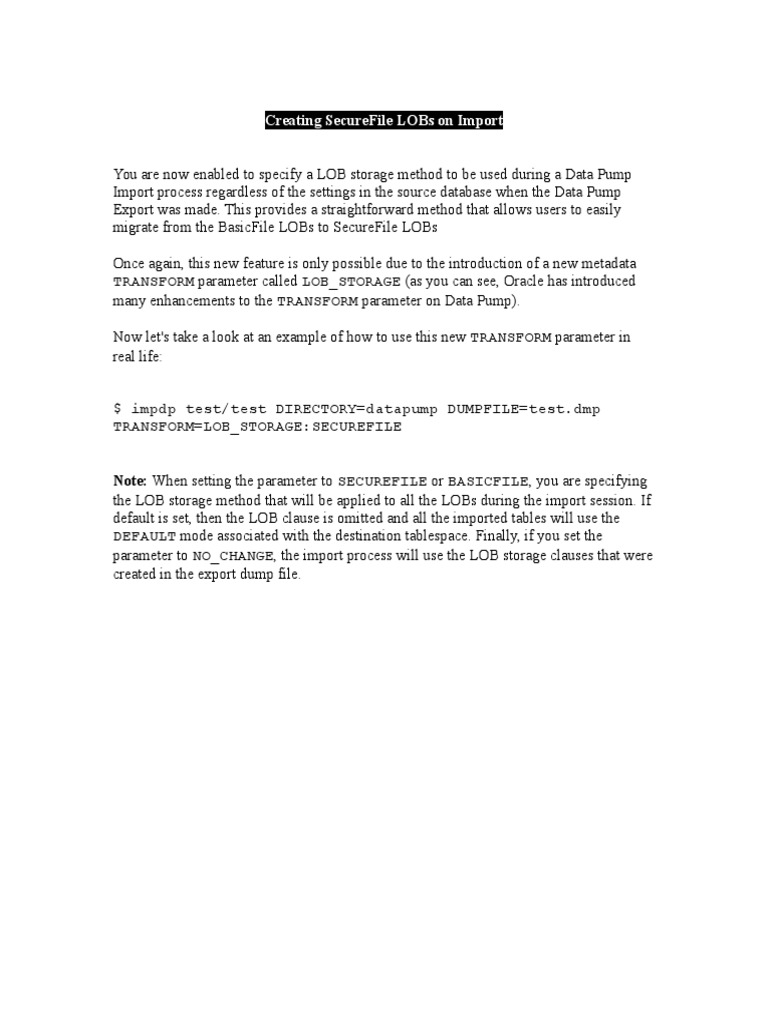 Oracle 12c Creating SecureFile LOBs On Import | PDF | Databases | Computer Data