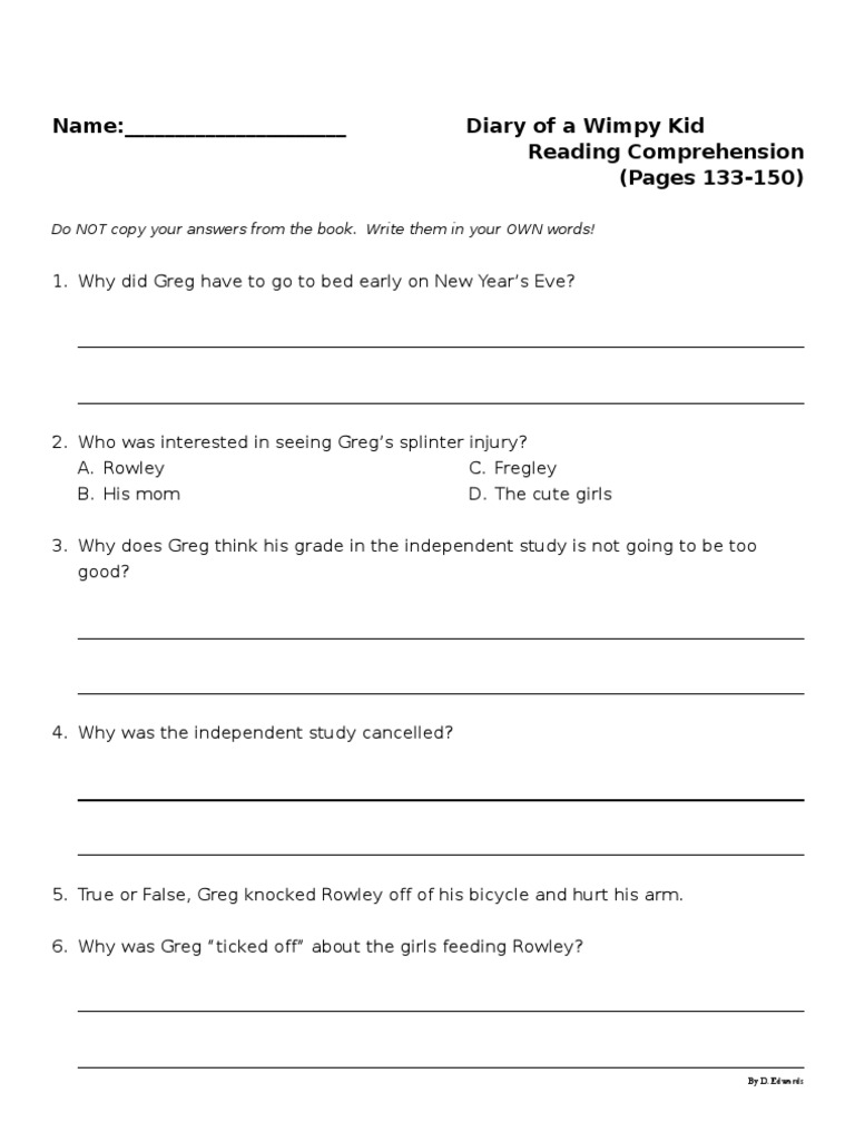 Diary of a Wimpy Kid Comprehension Quiz | PDF