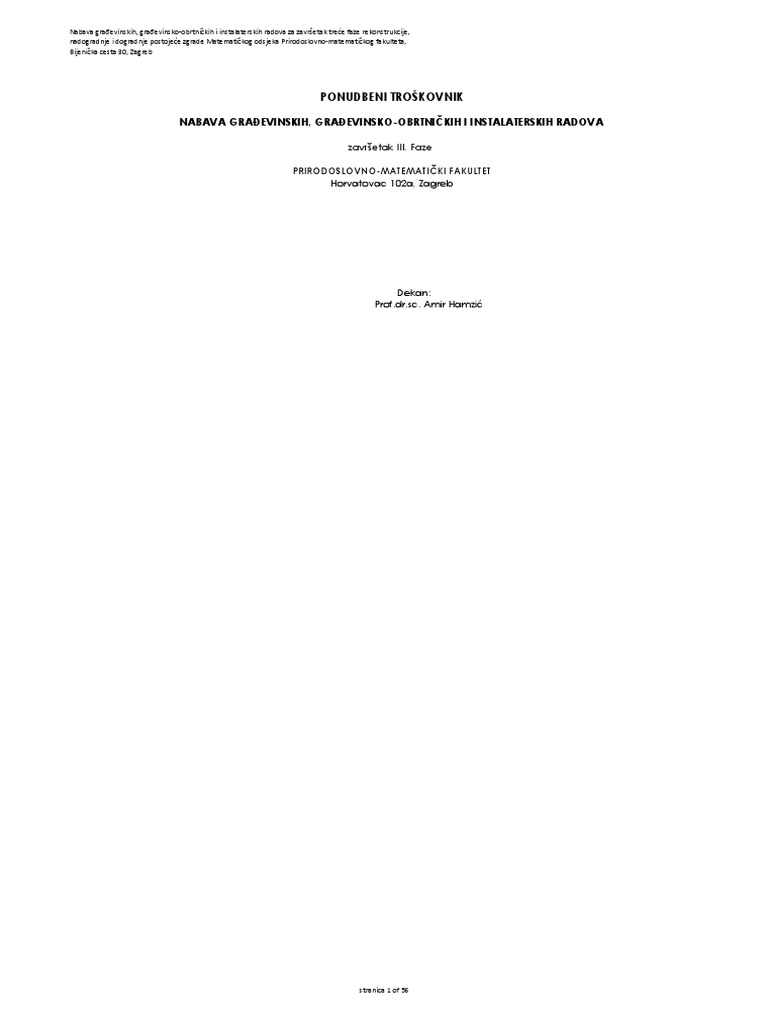 FAKULTET JAVNA NABAVA Tehnicka Specifikacija - Ponudbeni Troskovnik | PDF