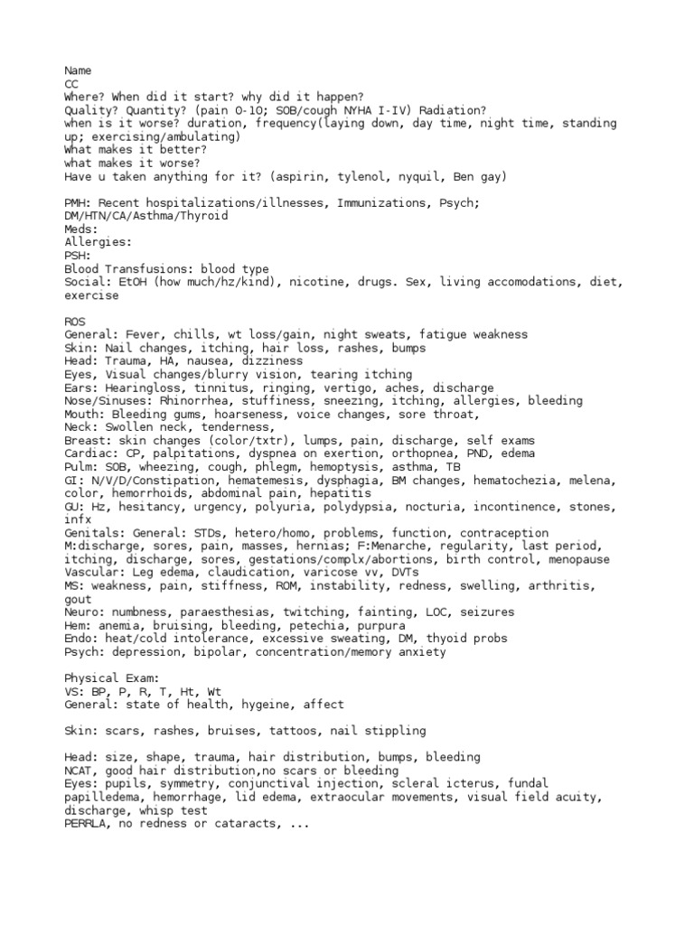 Sample Complete History and Physical | Medicine | Diseases And Disorders