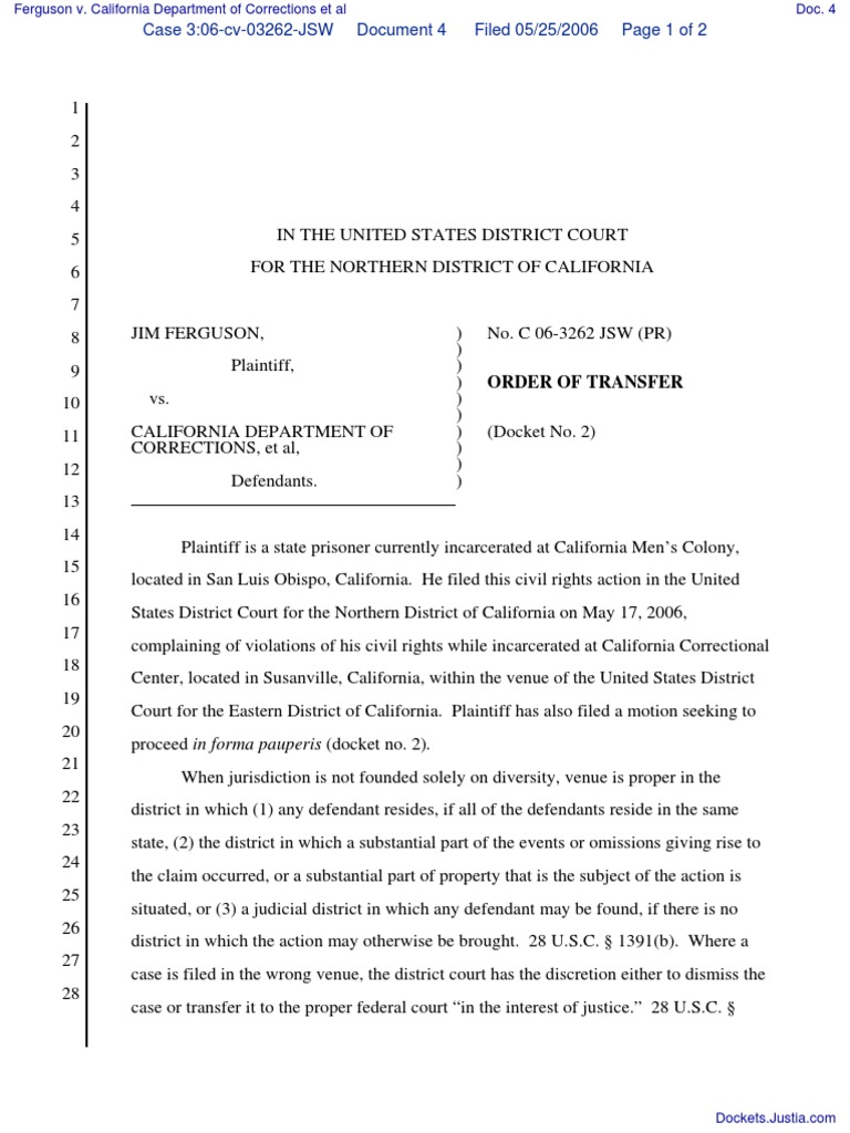 Order Of Transfer | United States District Court | Venue (Law)