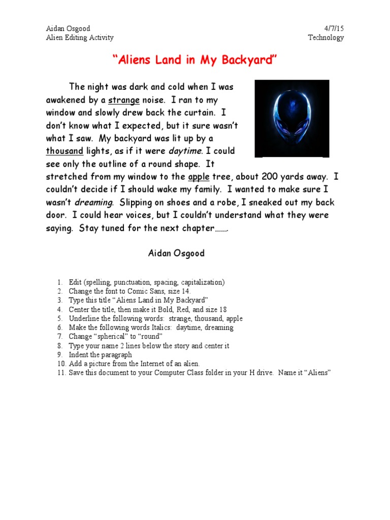 Alien Editing Activity Instructions | PDF
