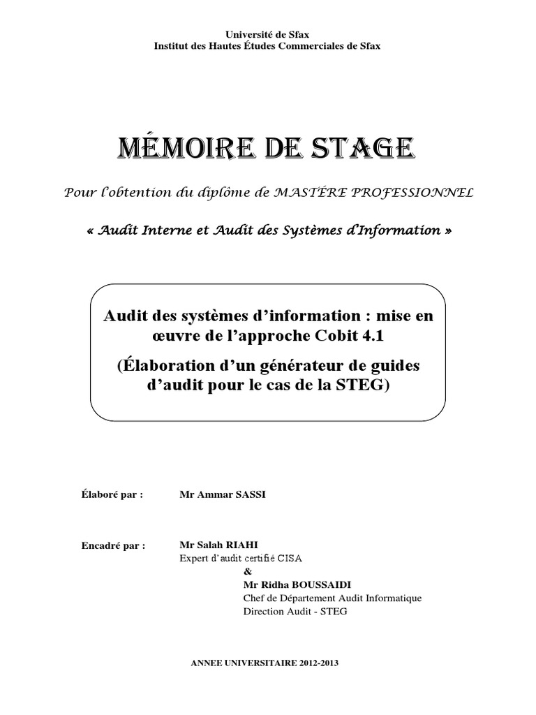 Mémoire de Stage - Mise en Oeuvre de L'approche Cobit4.1 en Matière D ...