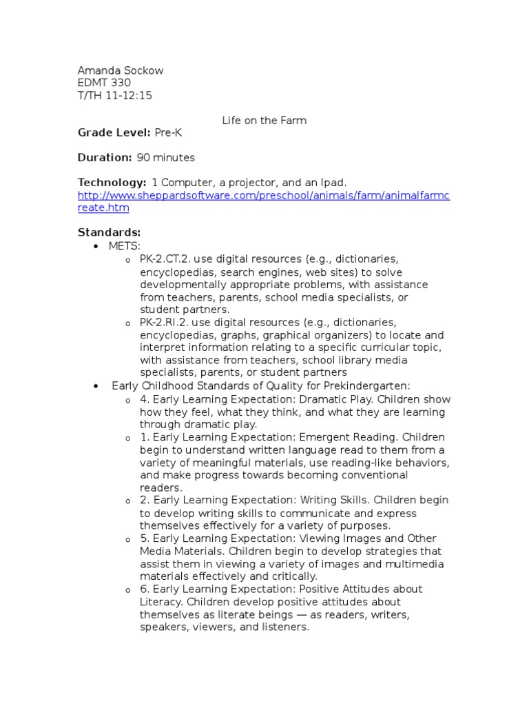 Grade Level: Pre-K Duration: 90 Minutes Technology: 1 Computer, A ...