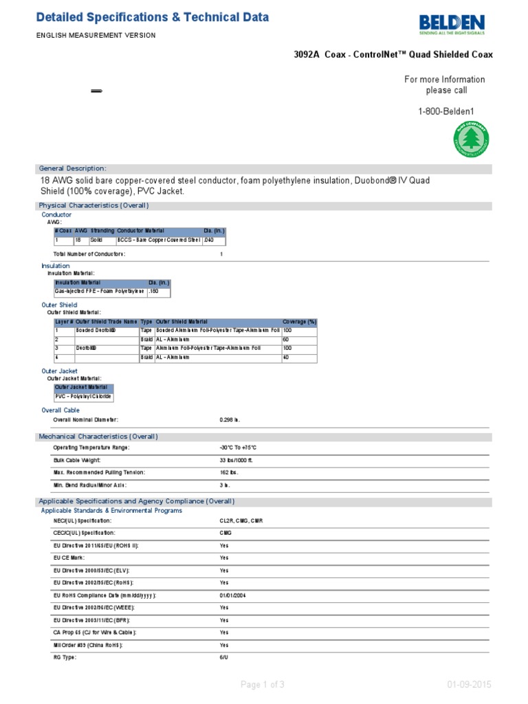For More Information Please Call 1-800-Belden1: 3092A Coax - Controlnet ...