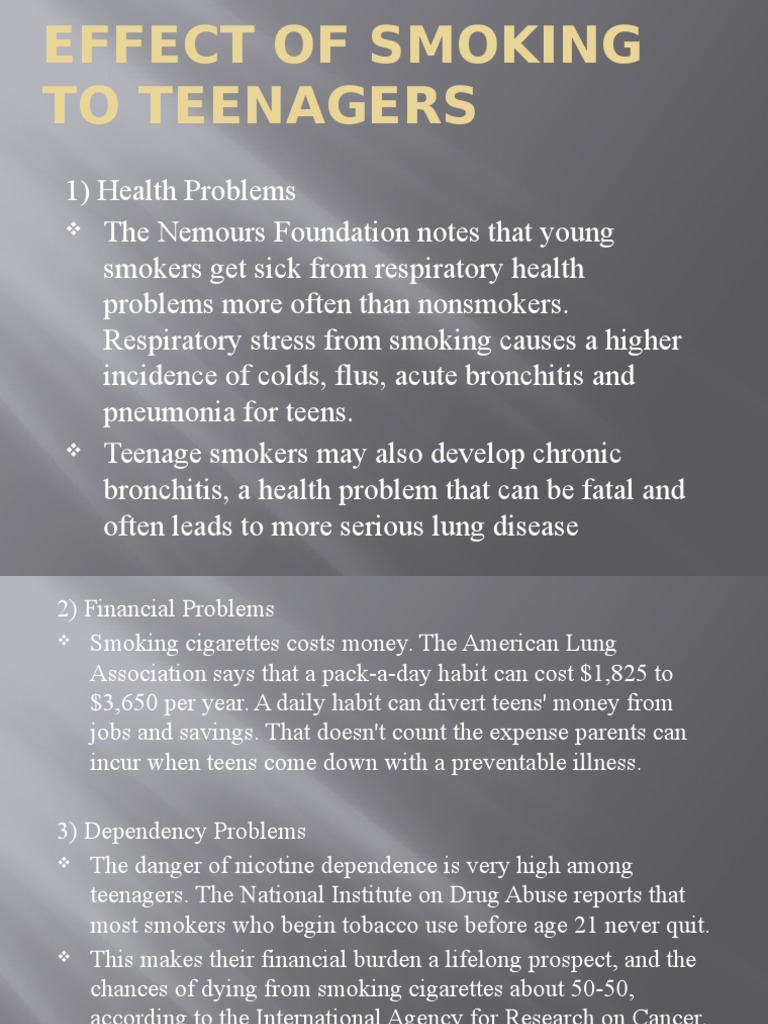 Effect of Smoking To Teenagers | PDF | Tobacco Smoking | Addiction