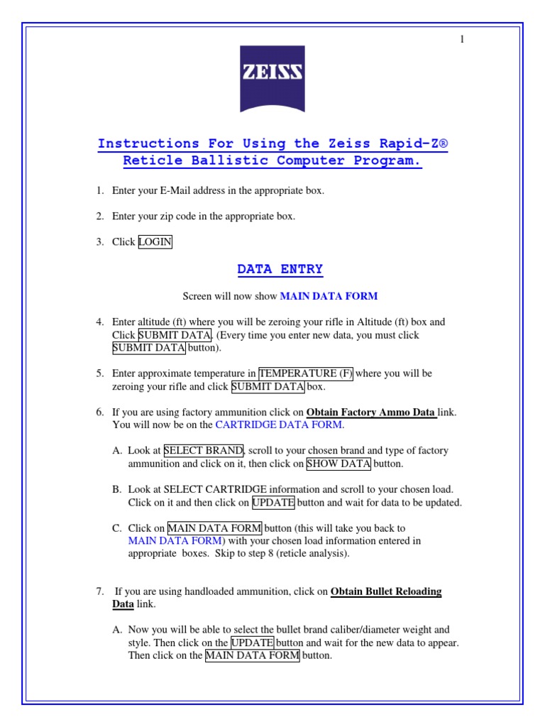 Zeiss Rapid Z Balistic Calc Instructions | PDF | Telescopic Sight | Rifle