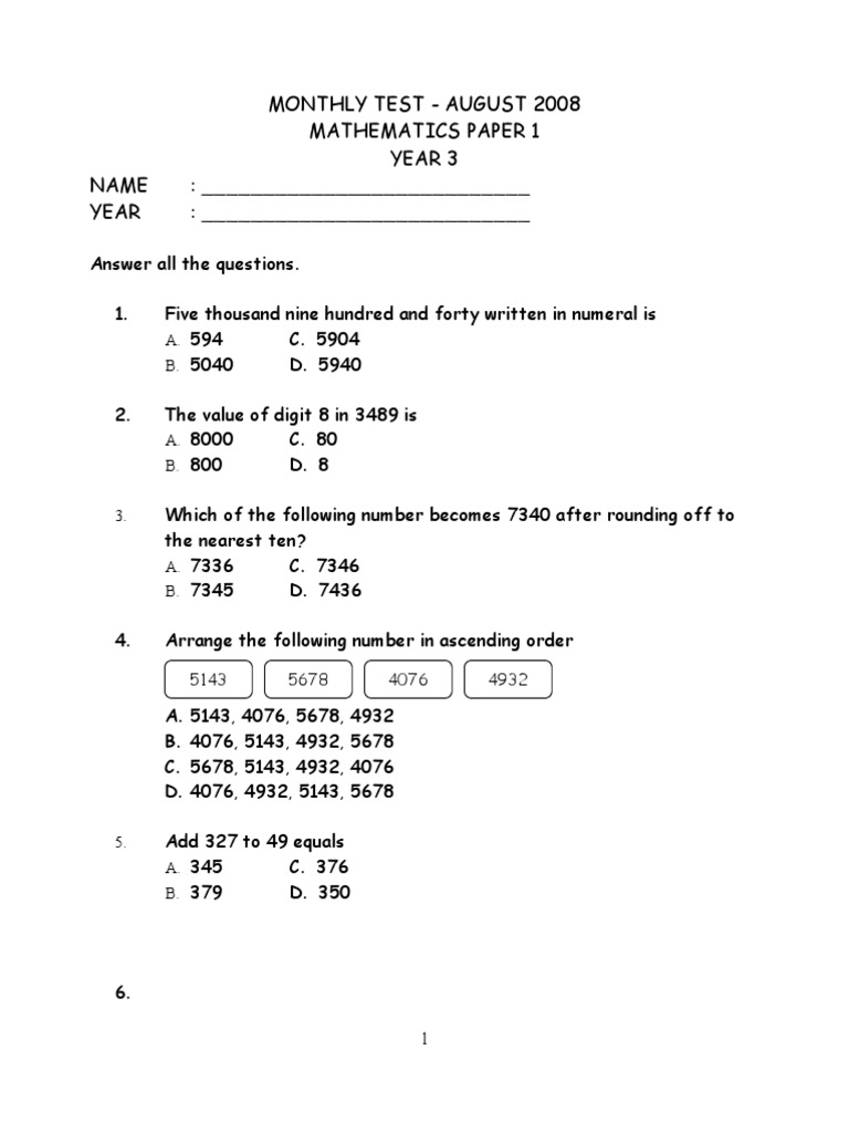 Math Monthly Test Y3 | PDF | Fraction (Mathematics) | Teaching Mathematics