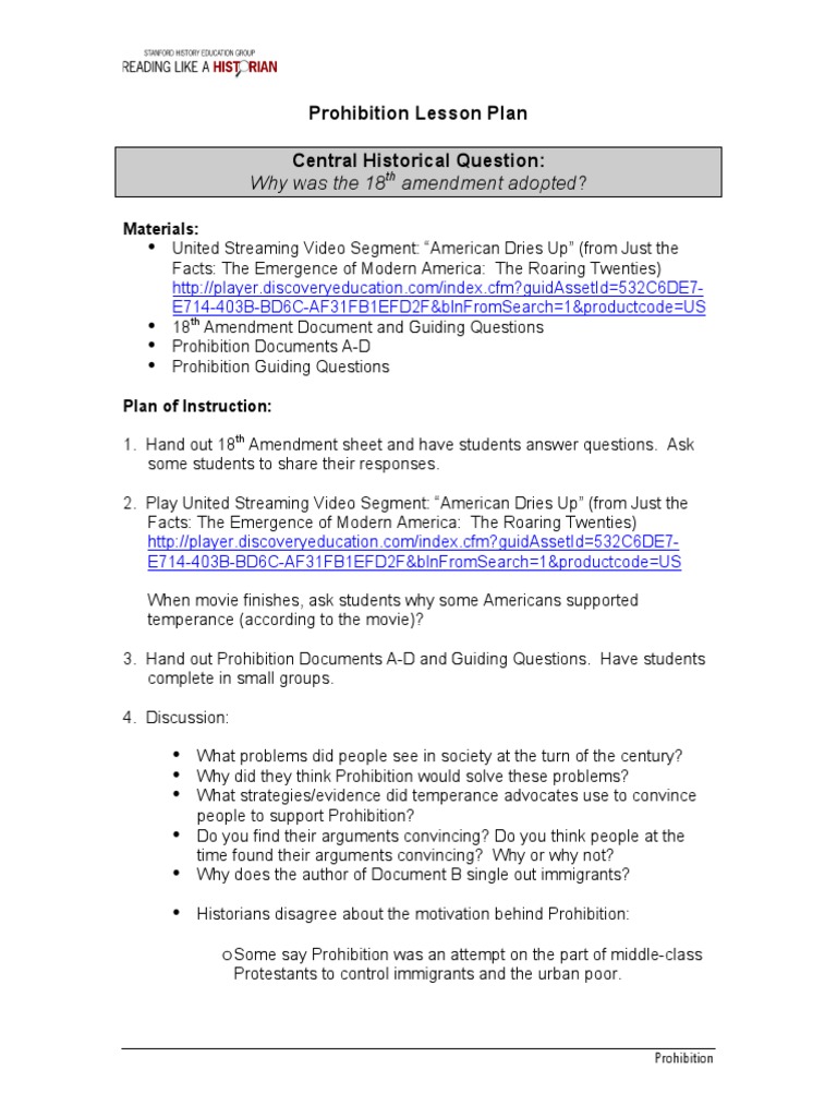 Prohibition Lesson Plan | PDF | Ratification | The United States