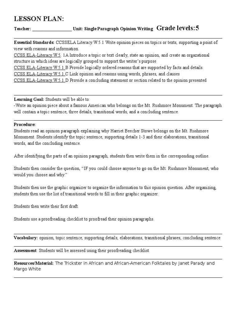 Opinion Writing Lesson Plan for 5th Grade | PDF | Art