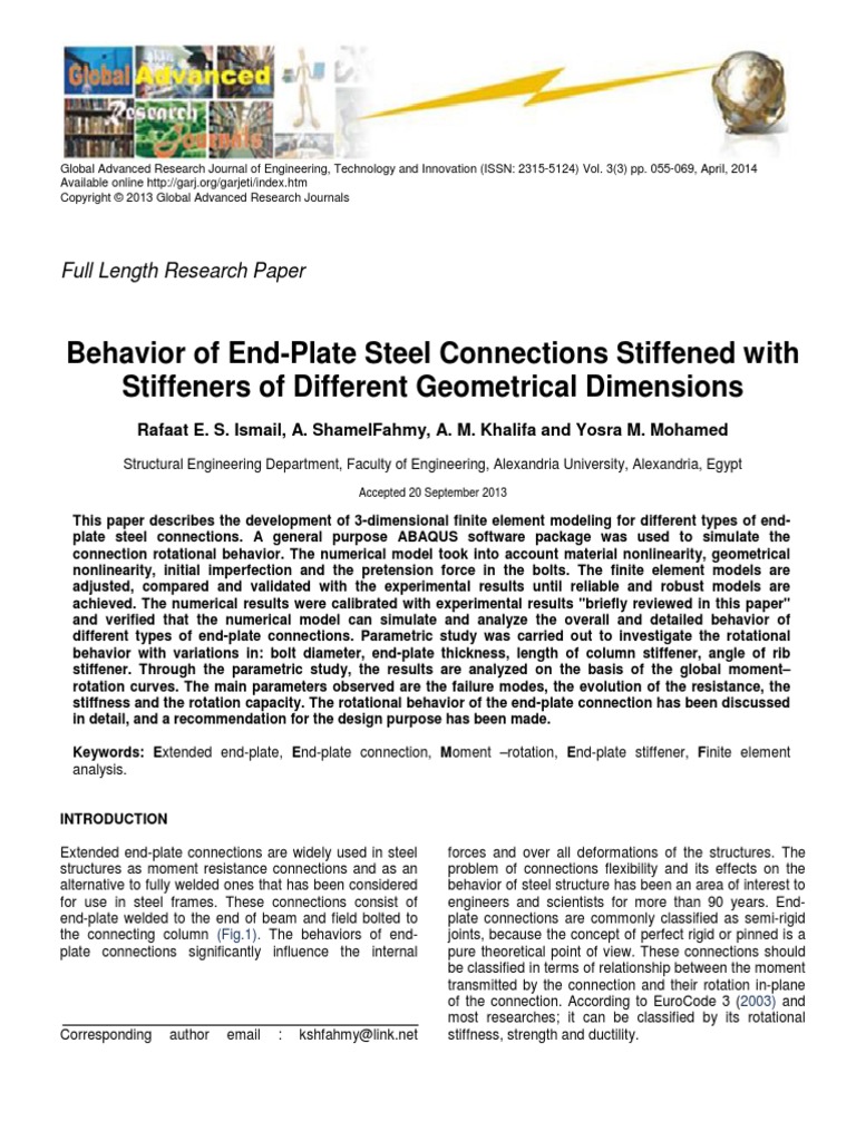 Behavior of End-Plate Steel Connections Stiffened With Stiffeners of ...