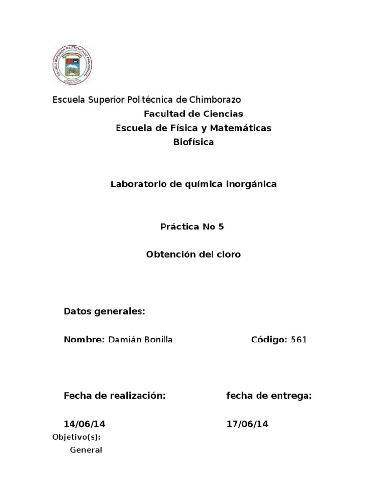OBTENCION DEL CLORO (KMnO4 + HCL) | PDF | Cloro | Conjuntos de elementos químicos