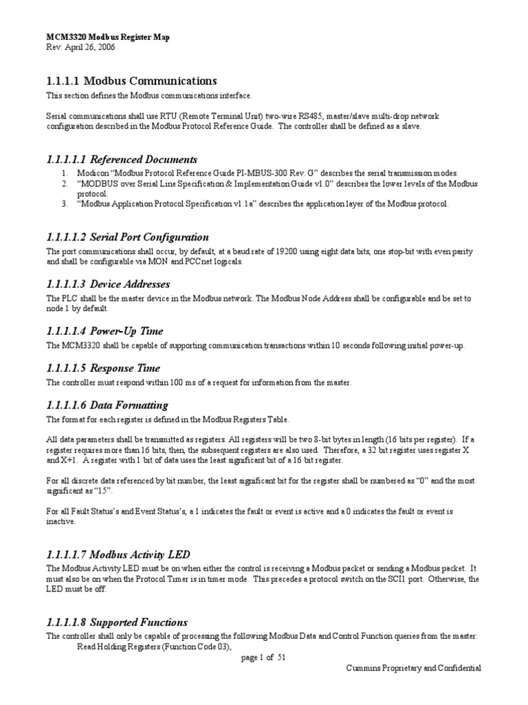 MCM3320 Modbus Register Map Rev: April 26, 2006 | PDF | Communications ...