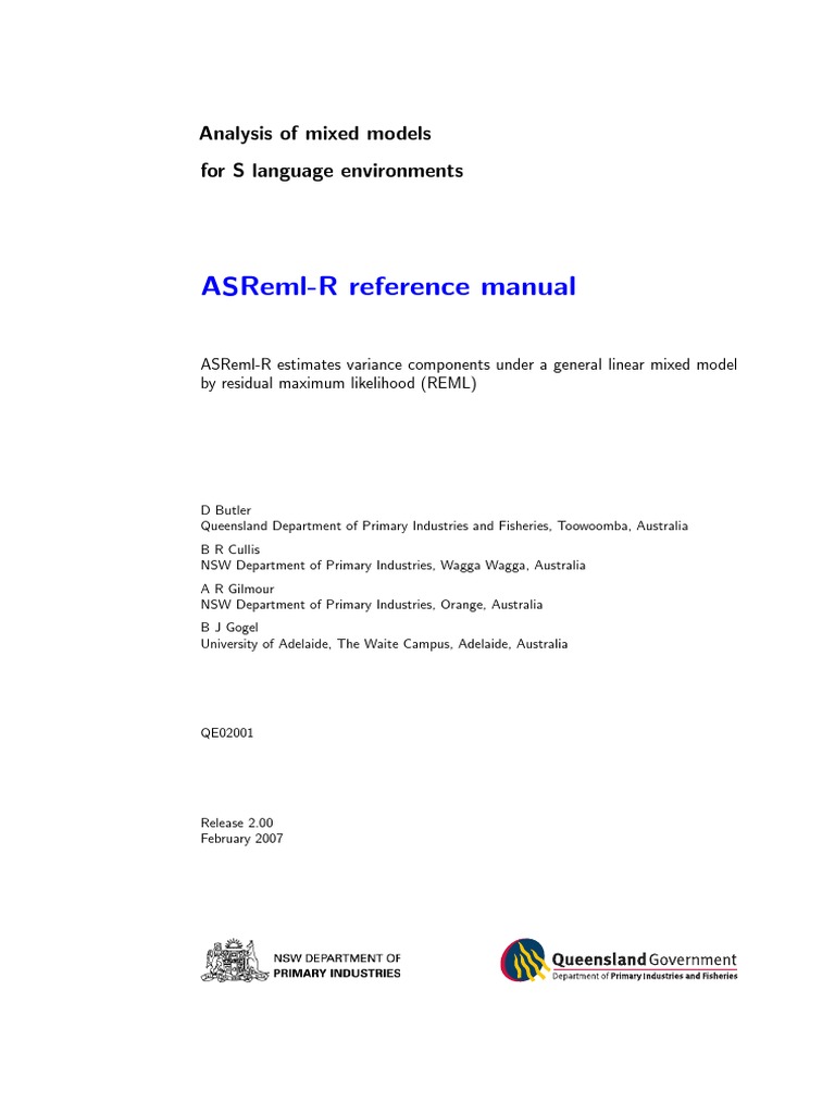 Asreml-R Reference Manual: Analysis of Mixed Models For S Language ...