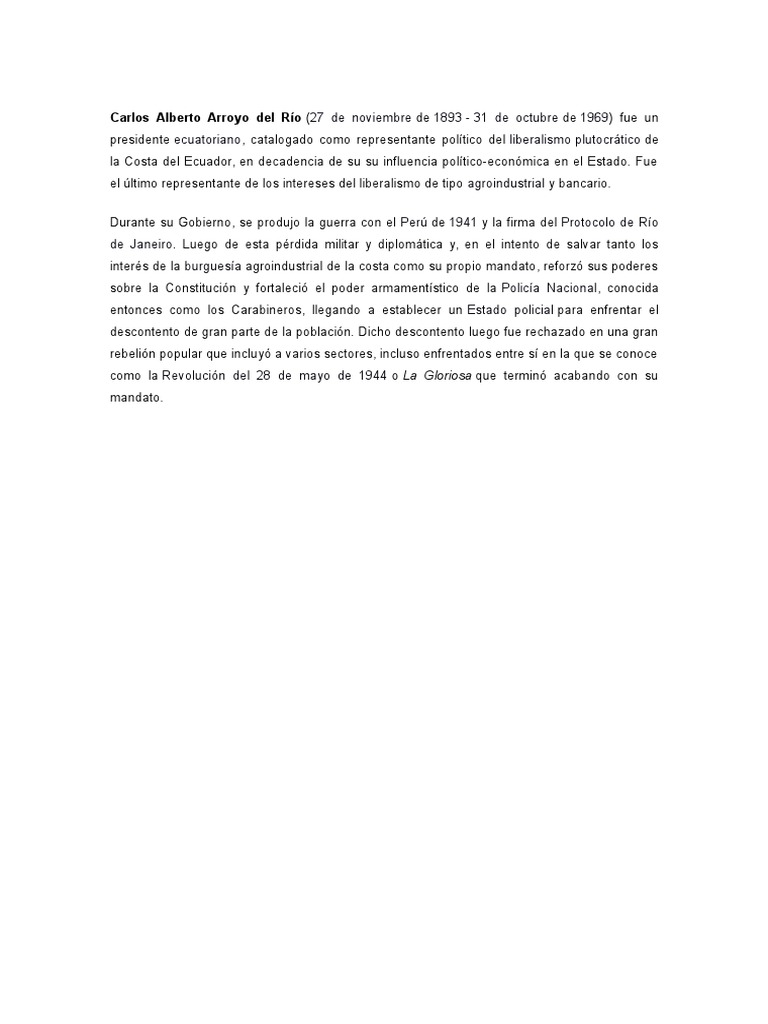 Carlos Arroyo del Río presidente Ecuador liberalismo decadencia guerra ...