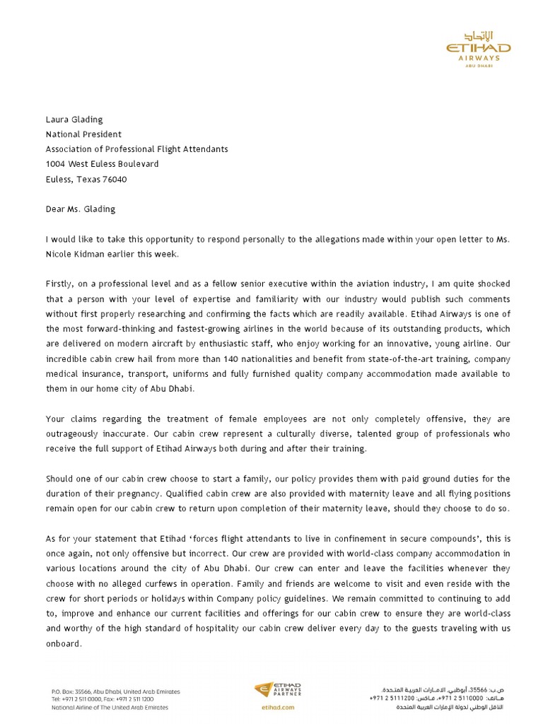 Etihad Airways Response To APFA President Laura Glading 4-9-15 | PDF ...