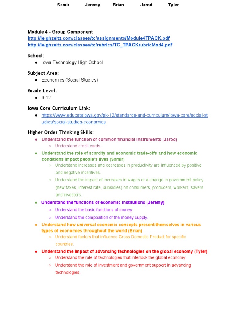 TPACK Economics Lesson Plans for Grades 9-12 | PDF | Economic ...
