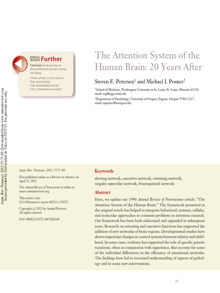 The Attention System of The Human Brain (Posner & Petersen) (2012 ...