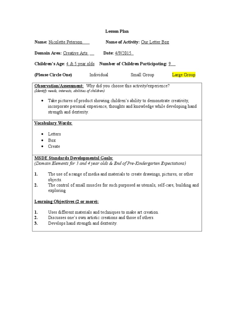 Creative Arts Lesson Plan 2 | PDF | Lesson Plan | Neuropsychological ...