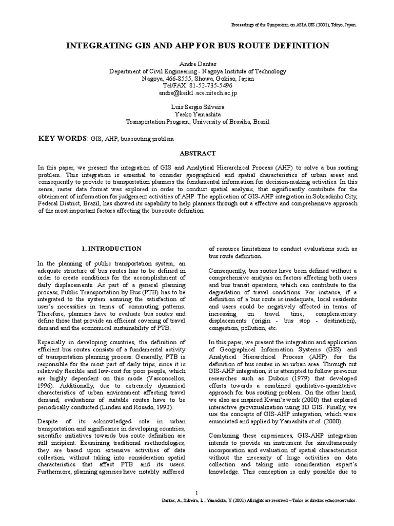 Integrating Gis and Ahp For Bus Route Definition: Key Words | Download ...