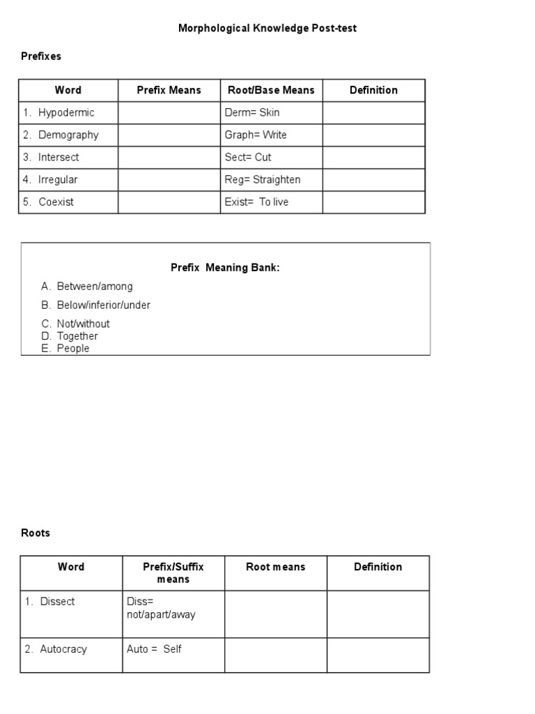 Morphological Knowledge Post-Test | PDF