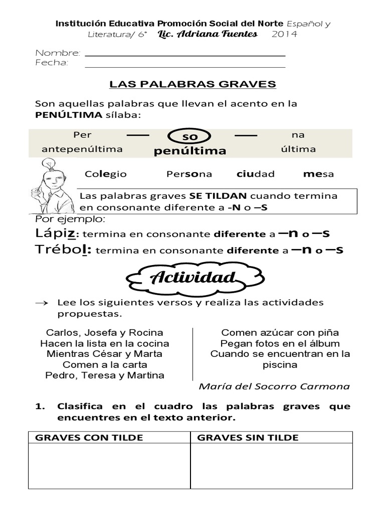 Actividades sobre palabras graves | PDF