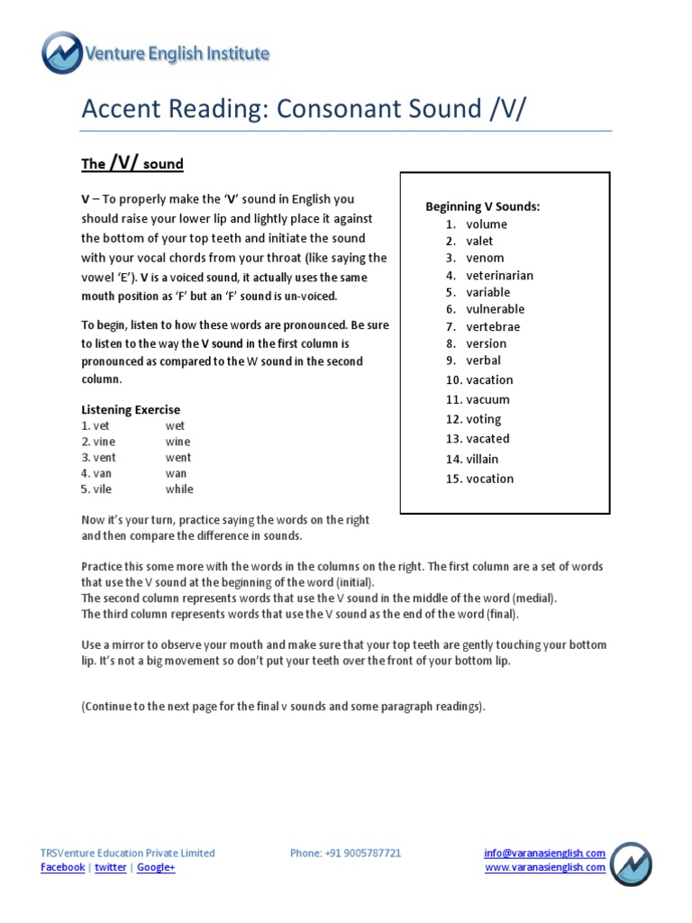 Pronouncing The English V Consonant Sound | PDF | Accent ...